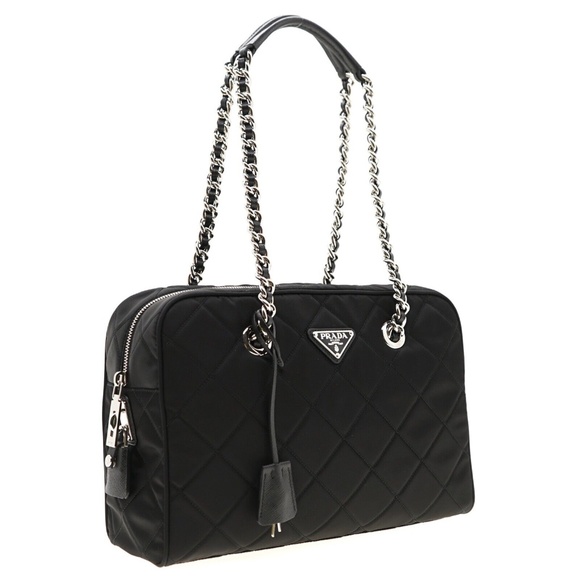 Prada | Bags | Prada Chain Shoulder Bag Quilted Black Nylon B93 New ...